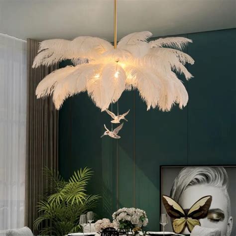 Lustre Plume Blanche Avec Led Et Oiseaux Suspendus • Luminaires Tendance