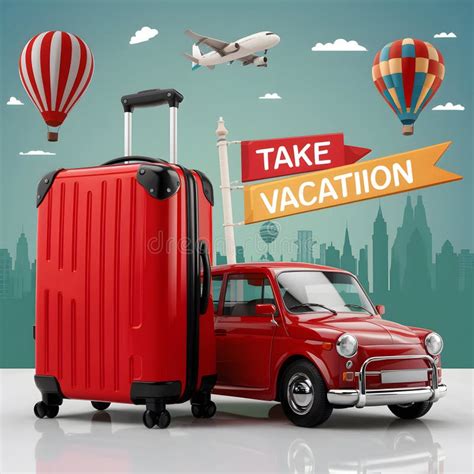Colorful Travel Scene With Red Suitcase Small Car Plane And Hot Air