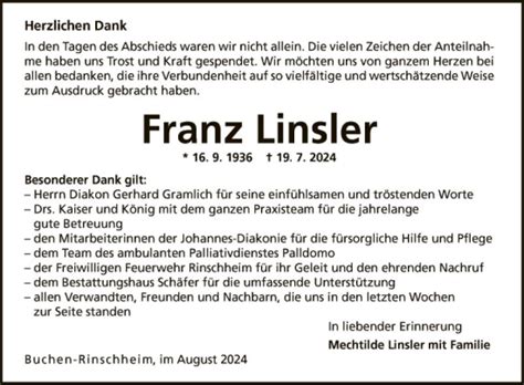 Traueranzeigen Von Franz Linsler Trauerportal Ihrer Tageszeitung