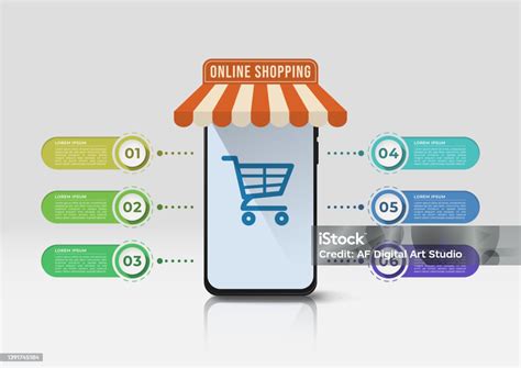 6 개의 가로 라벨이있는 온라인 쇼핑 인포 그래픽 디자인 Brand Name Smart Phone에 대한 스톡 벡터 아트 및 기타 이미지 Brand Name Smart