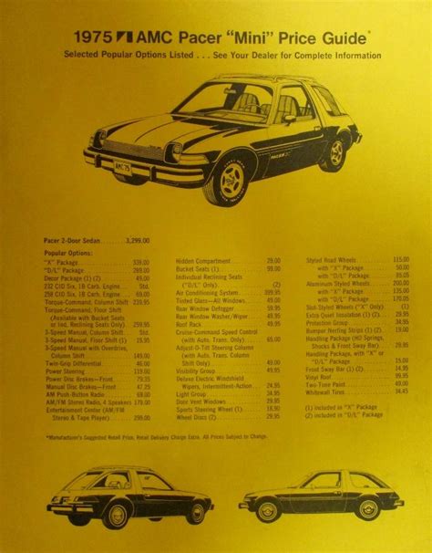 1975 Amc Pacer Original Mini Price Guide With Specifications