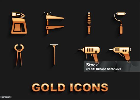 세트 금속 손톱 페인트 롤러 브러시 전기 뜨거운 접착제 총 드릴 머신 핀서 와 펜치 나무 시멘트 가방과 클램프 아이콘을위한 끌 도구 벡터 못에 대한 스톡 벡터 아트 및 기타