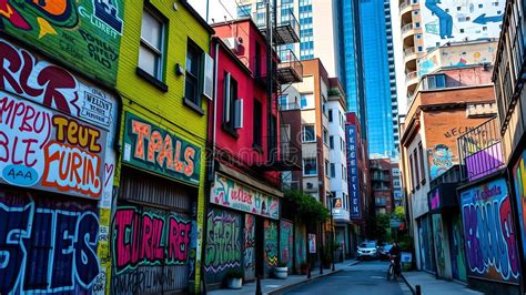 Vibrant Urban Neighborhood Cityscape With Bold Murals And Graffiti Art