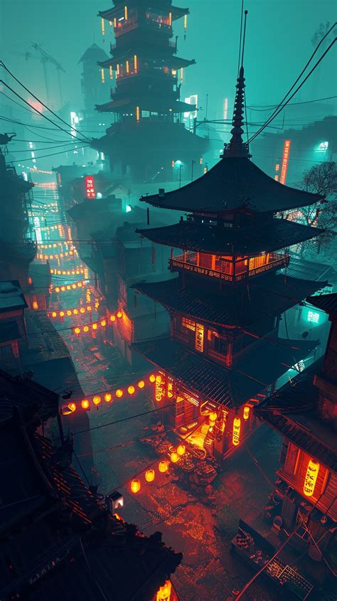 Traditional Oriental Temples Within Cyberpunk City