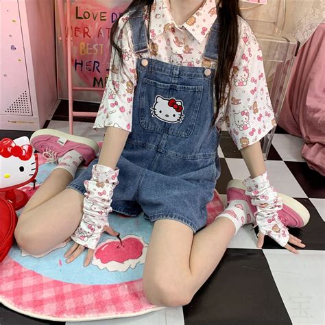 Japanese Retro Hello Kitty Bib Shorts Kawaii Fashion Shop Cute Asian Japanese Harajuku Cute