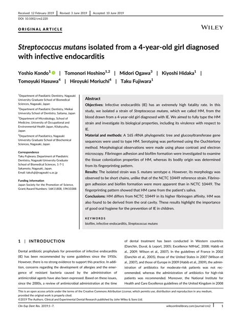 Pdf Streptococcus Mutans Isolated From A 4‐year‐old Girl Diagnosed With Infective Endocarditis