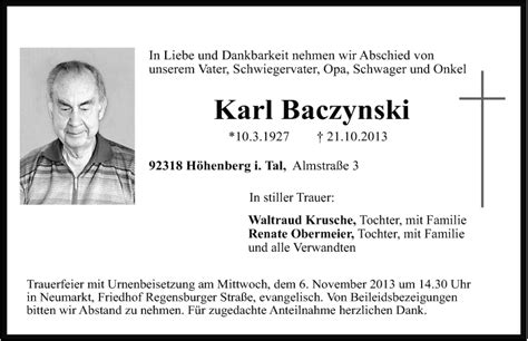Traueranzeigen Von Karl Baczynski Trauernnde