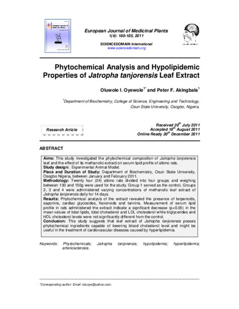 Pdf Phytochemical Analysis And Hypolipidemic Properties Of Jatropha