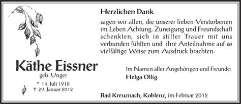 Traueranzeigen Von Käthe Eissner Rz Trauerde