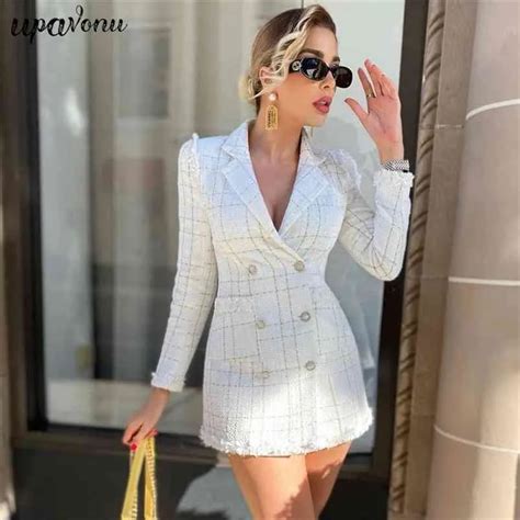 Free Elegant Plaid Blazer Dress For Women Lapel From Cong00 5795
