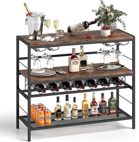 Tangzon Wine Rack Table 7 Bottles Wine Bar Cabinet With 16 Glass