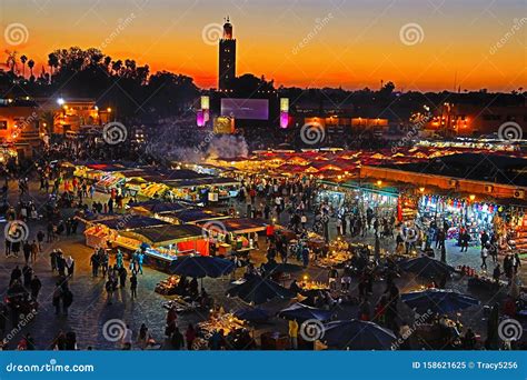 Famous Djemaa El Fna Square At Twilight In Marrakesh Morocco Editorial