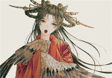 Dim Moon Original Commentary Highres 1girl O Bird Wings Brown Hair Cone Hair Bun