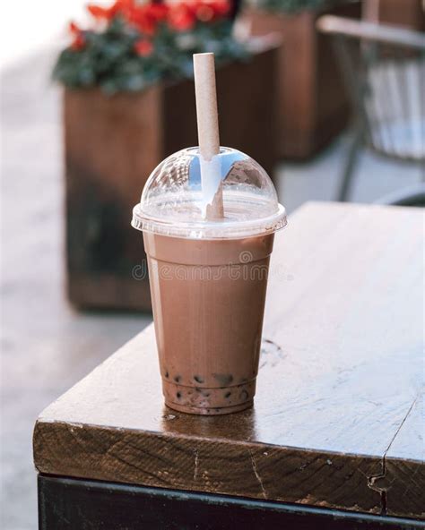 Glass Of Chocolate Bubble Tea Closeup In Street Cafe Stock Image Image Of Drink Taiwanese