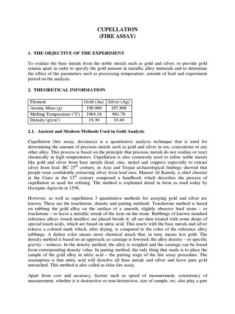 The Objective Of The Experiment Cupellation Fire Assay Pdf Metallurgical Assay Fineness