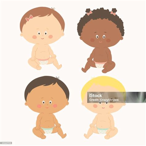 Multietniska Uppsättning Av Fyra Bebisar Sitter Småbarn Flickor Och Pojkar Tecknade Vektor Hand