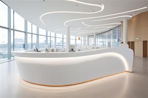 Premium Photo A White Reception Desk With A Light On The Ceiling