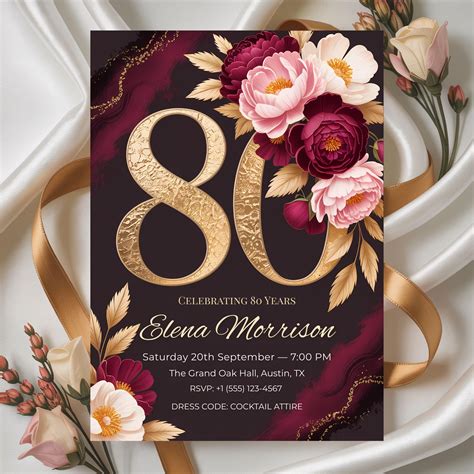Luxury Floral 80th Birthday Invitation Elegant Burgundy And Gold With