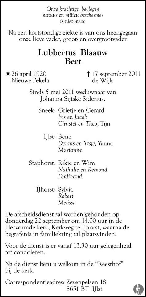Lubbertus Bert Blaauw 17 09 2011 Overlijdensbericht En Condoleances