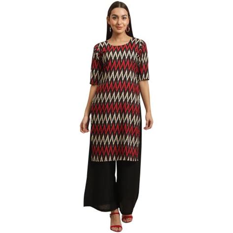 Buy 1 Stop Fashion Womens Crepe Red Color Zig Zag Printed Straight