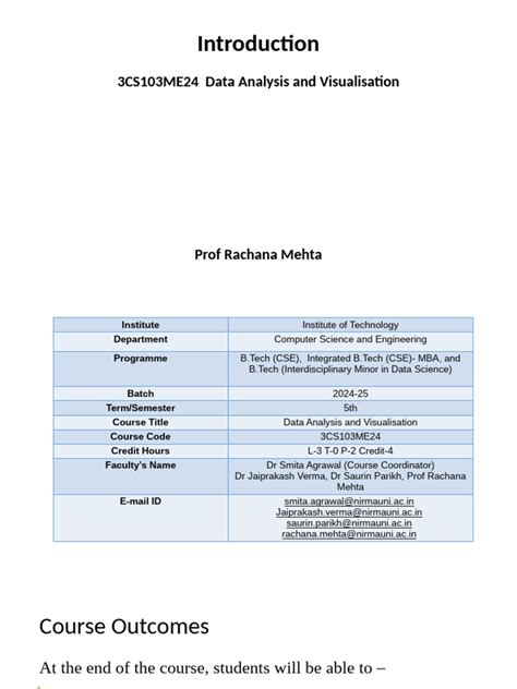 Introduction Of Subject Session Plan Labs About Data Analysis And Visualisation Pdf