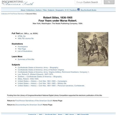 Documenting The South Robert Stiles 1836 1905 Four Years Under Marse Robert Primary For 9th