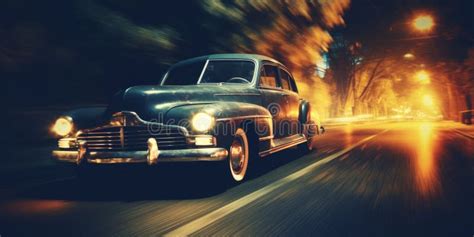 Vintage Classic Car Speeding In City Streets At Night Automobile In