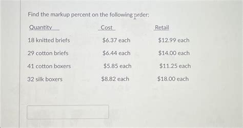Solved Find The Markup Percent On The Following Prder Chegg