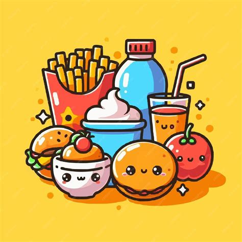 A Cartoon Drawing Of A Variety Of Food Including A Bottle Of Milkshake