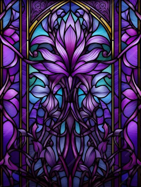 Premium Ai Image Stained Glass Window With A Purple Flower Design In