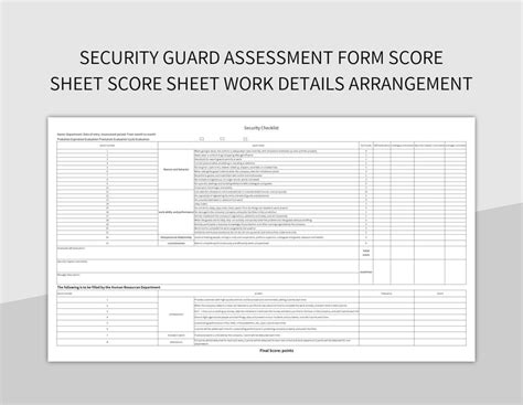 Security Guard Assessment Form Score Sheet Score Sheet Work Details Arrangement Excel Template
