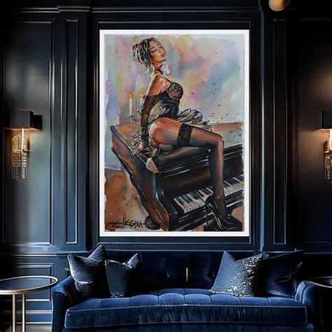 Sensual Woman On Piano Canvas Wall Art Boudoir Lingerie Illustration