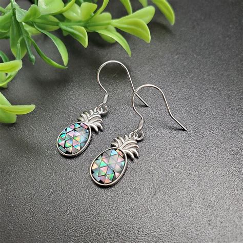 Emv 143 Dainty Inlay Abalone Pineapple Earrings Sterling Silver