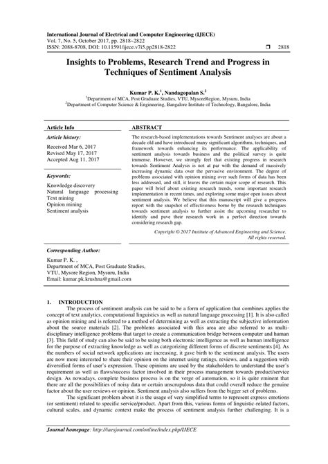 Pdf Insights To Problems Research Trend And Progress In Techniques Of Sentiment Analysis