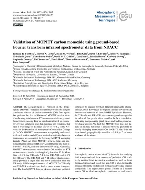 Pdf Validation Of Mopitt Carbon Monoxide Using Ground Based Fourier