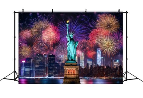 Happy New Year Backdrop Statue Liberty Night Cityscape Fireworks Backd