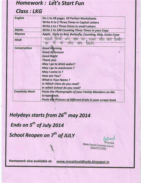 Mata Sundri Convent School Holidays Homework For Lkg Class