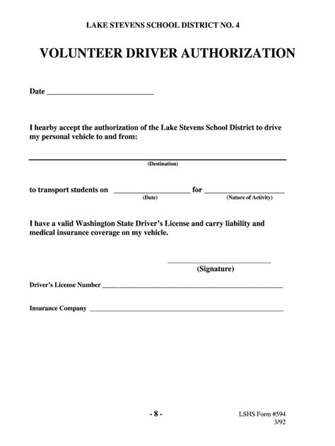 Fillable Online Lkstevens Wednet 4 Volunteer Driver Authorization Date I Hearby Accept The
