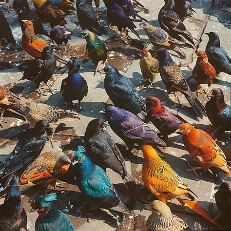 Premium Photo A Large Group Of Birds Of Various Breeds And Colors