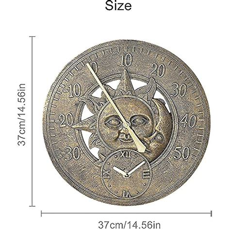 Garden Thermometer Clock Analogue Wall Bronze Sun And Moon 30cm Clock With Vintage Style