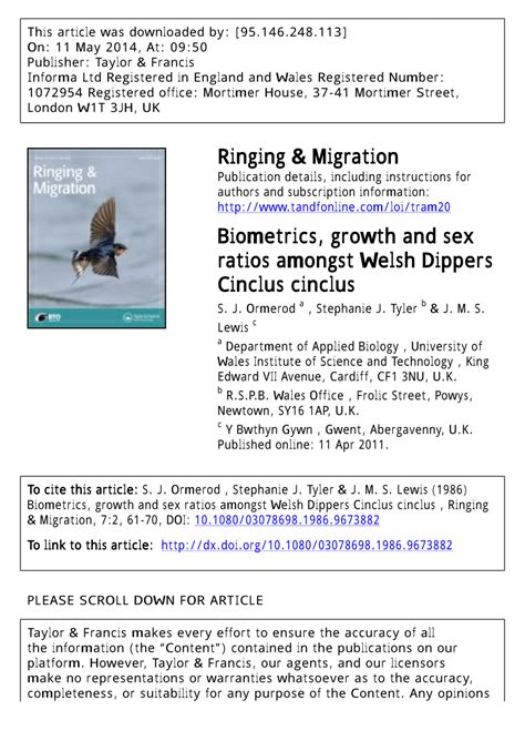 Pdf Biometrics Growth And Sex Ratios Amongst Welsh Dippers Cinclus Cinclus