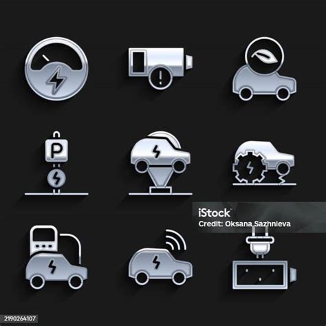 전기 자동차 스마트 시스템 배터리 충전 서비스 주차 전기 충전 에코 및 전압계 아이콘을 설정합니다 벡터 Friendly