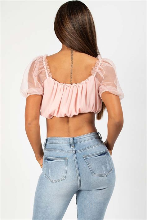 Pink Mesh Short Puff Sleeve Crop Top Uk