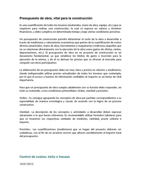 Presupuesto De Obra Pdf Presupuesto Ciencias Económicas