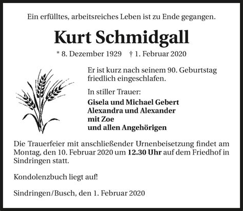 Traueranzeigen Von Kurt Schmidgall Trauerundgedenken De