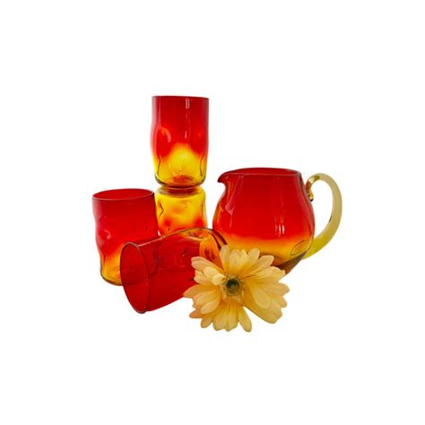 Vintage Blenko Esque Amberina Pitcher With 4 Glasses 1970s