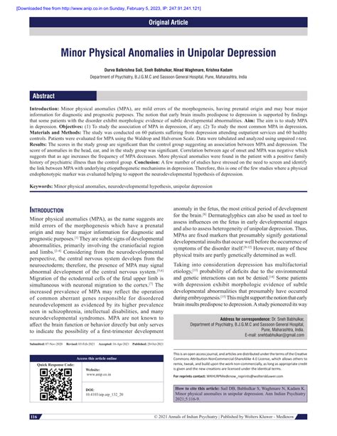 Pdf Minor Physical Anomalies In Unipolar Depression