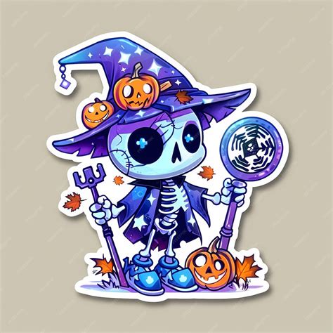 Cute Skeleton Wizard Dressed In A Halloween Costume Holding A Scepter