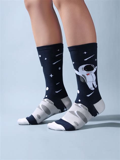 Men Astronaut Print Crew Socks Mens Socks Fall Socks Mens Outfits