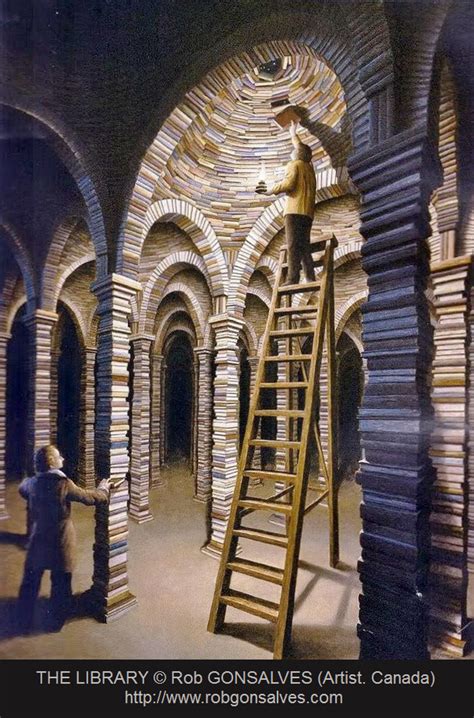 The Library © Rob Gonsalves Artist Canada Magical Realism Illusions Night Scene Two